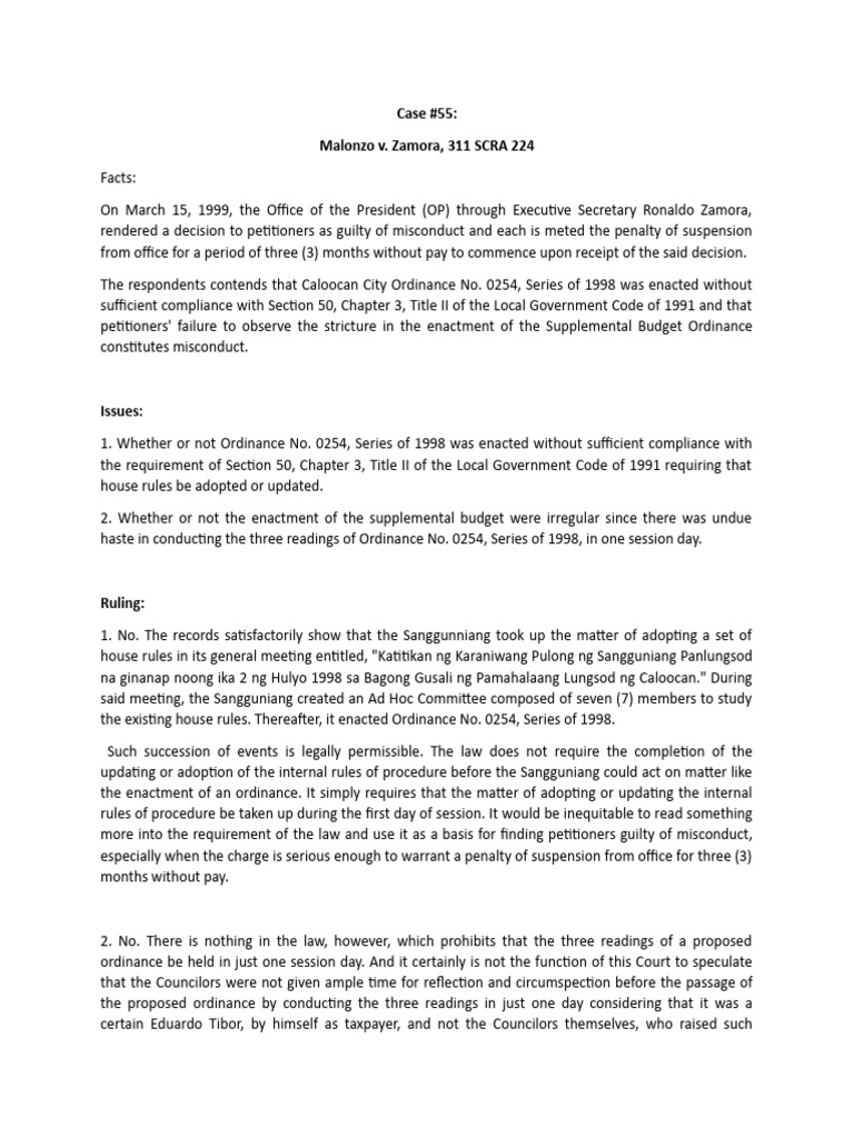 55 Malonzo v. Zamora, 311 SCRA 224 G.R. No. 137718 | PDF | Local Ordinance | Governance