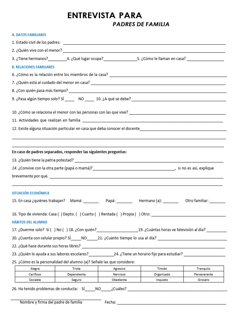 ENTREVISTA INICIAL (PADRES DE FAMILIA) | PDF