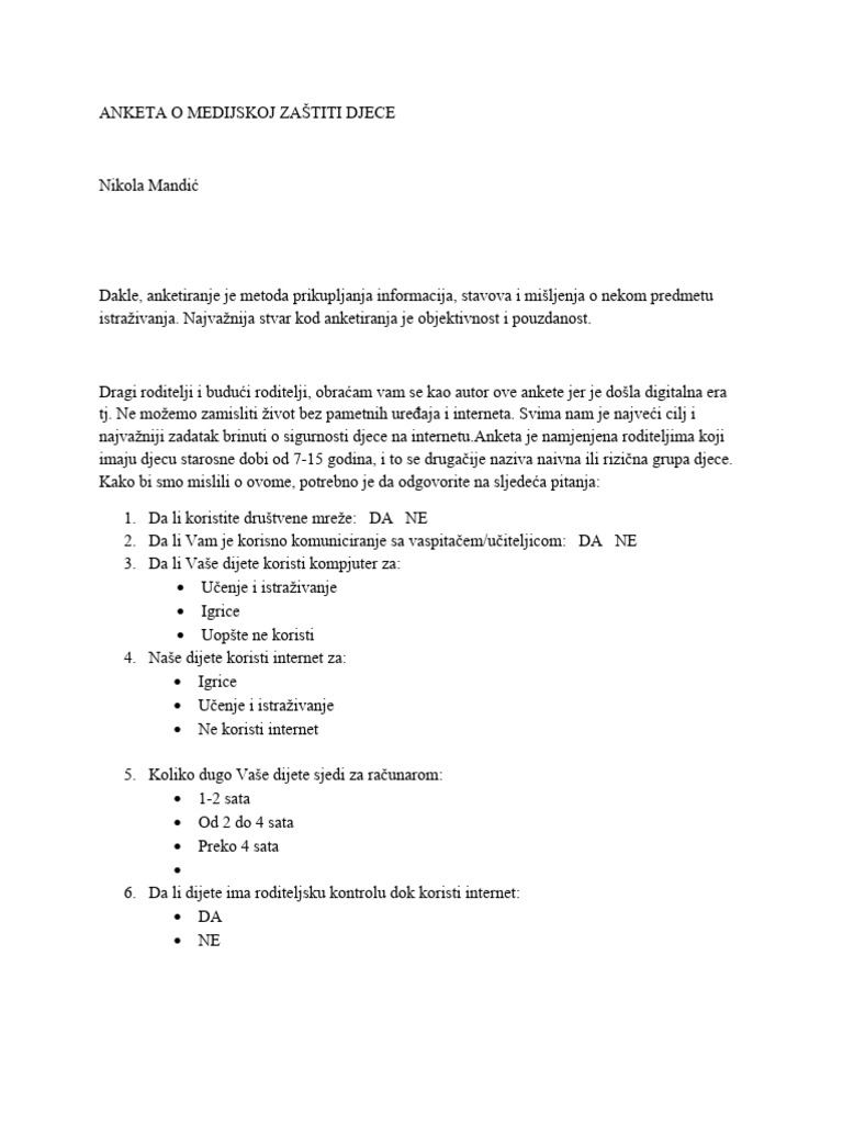 Anketa o Medijskoj Zastiti Djece | PDF