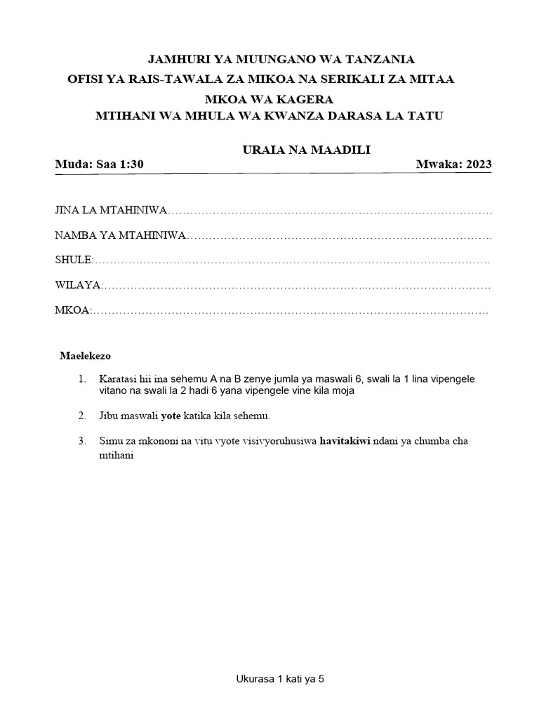 Uraia Na Maadili Iii - Maswali | PDF