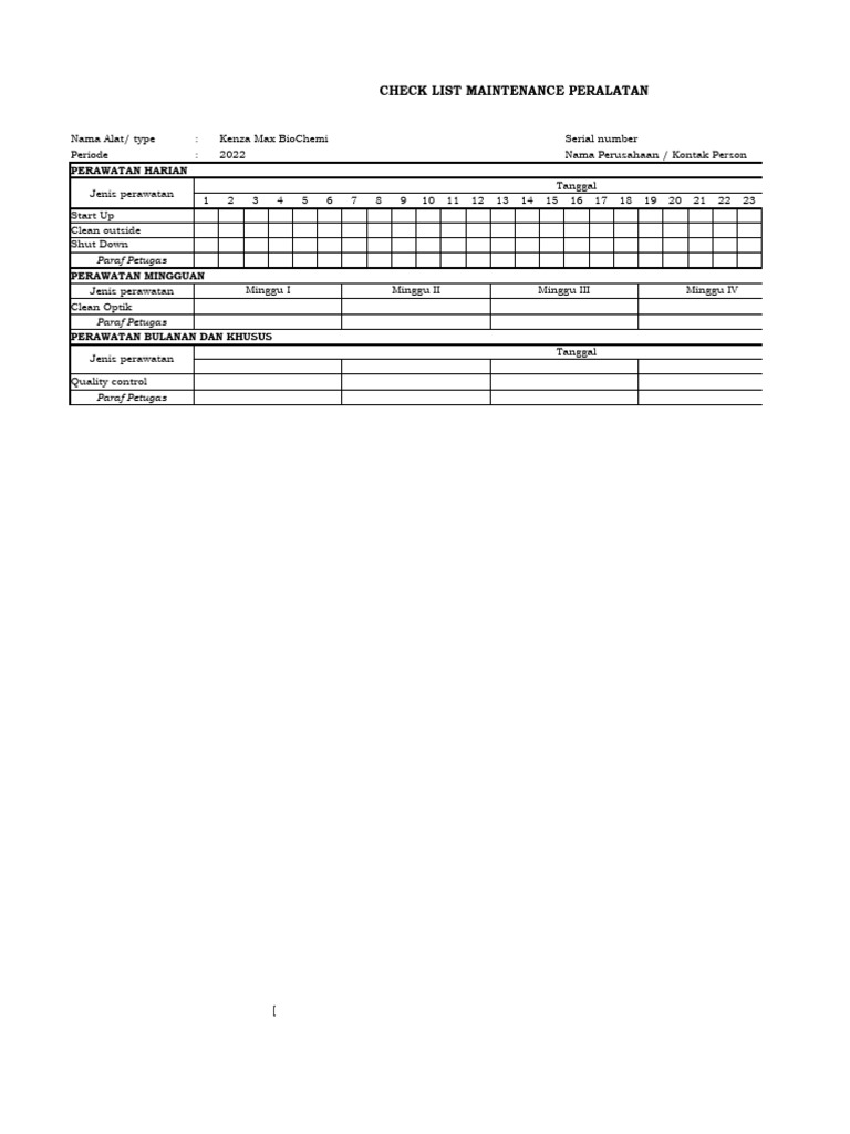 Checklist Perawatan Alat Laboratorium 2022 | PDF