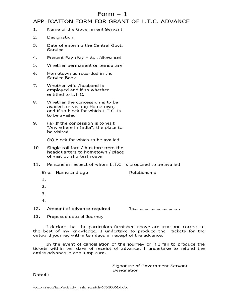 L.T.C. Advance Application Form | PDF