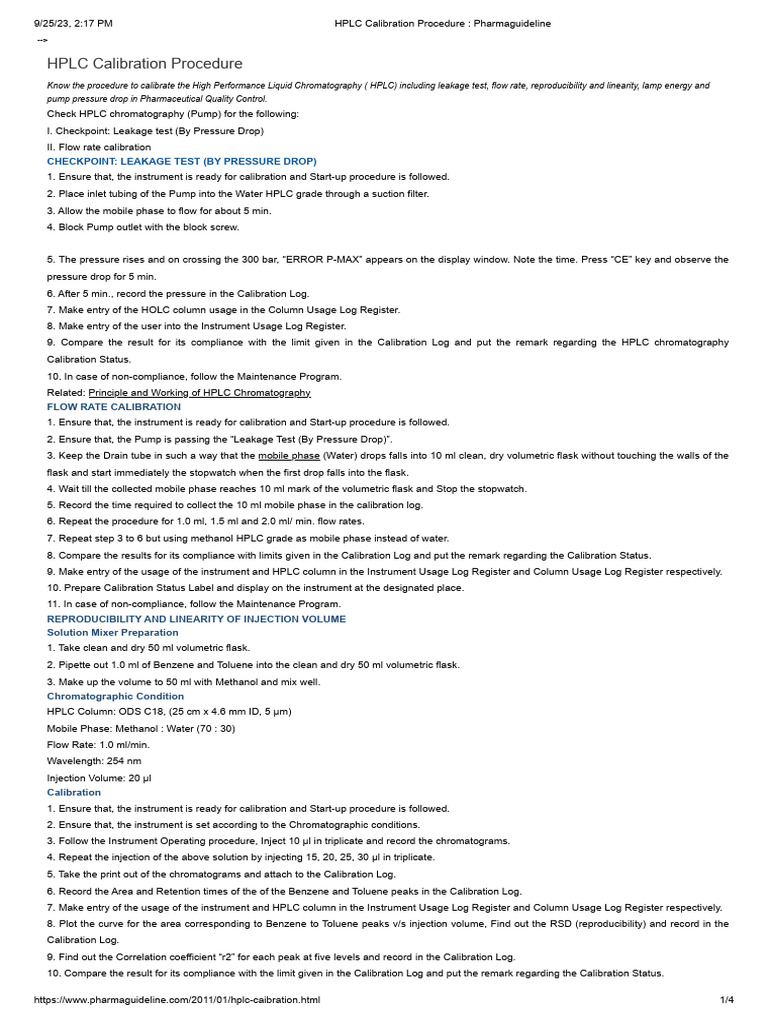 HPLC Calibration Procedure - Pharmaguideline | PDF