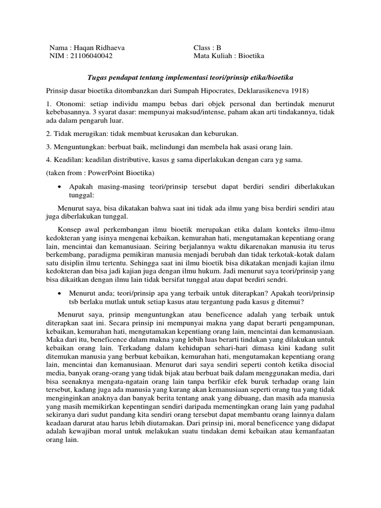 Tugas Pendapat Prinsip Bioetika | PDF
