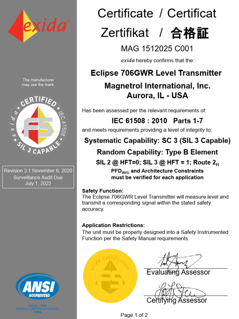 SIL 3 Certificate Eclipse 706 | PDF