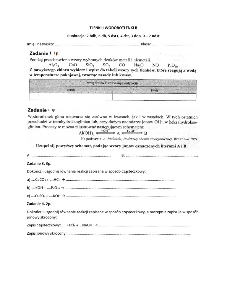 Kartkówka - Tlenki I Wodorotlenki R | PDF