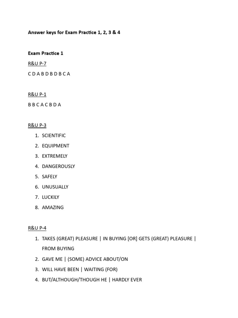 Answer Keys for Exam Practice 1234 | PDF