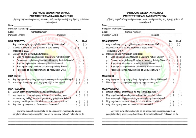 Parents Feedback and Survey Form | PDF