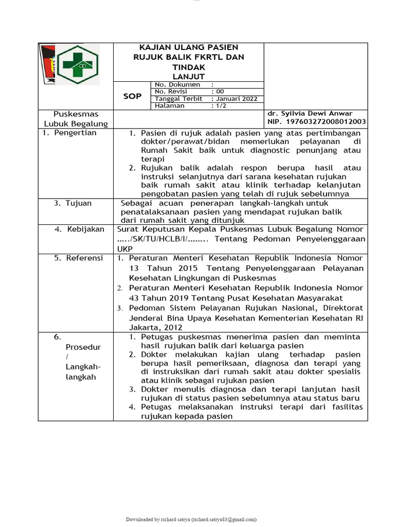 Sop Kajian Ulang Pasien Rujuk Balik | PDF