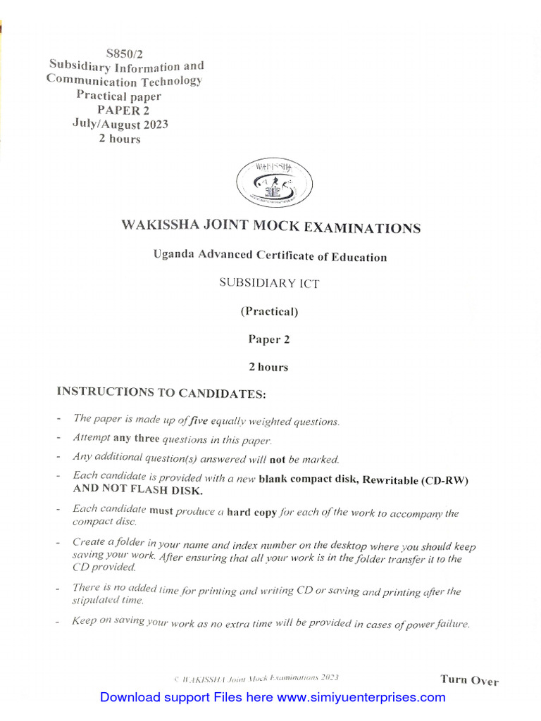 WAKISSHA Mocks 2023 Subsidiary ICT Paper 2 With Support Files | PDF