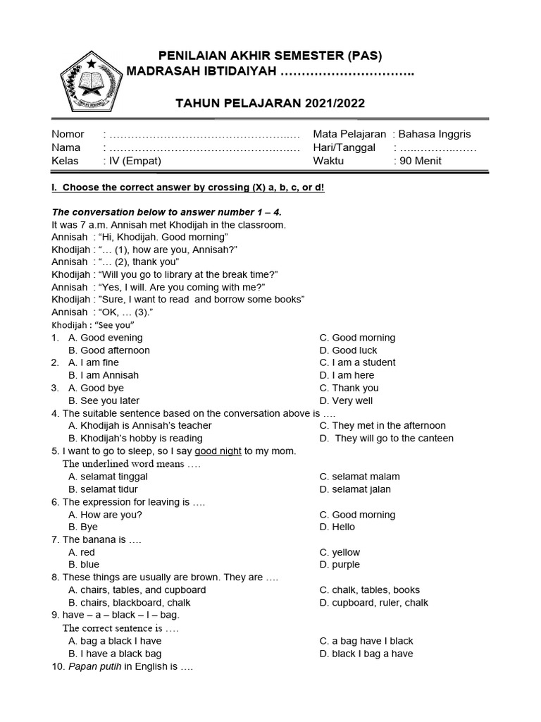 Soal Pas Ganjil Big KLS 4 21) 22 | PDF