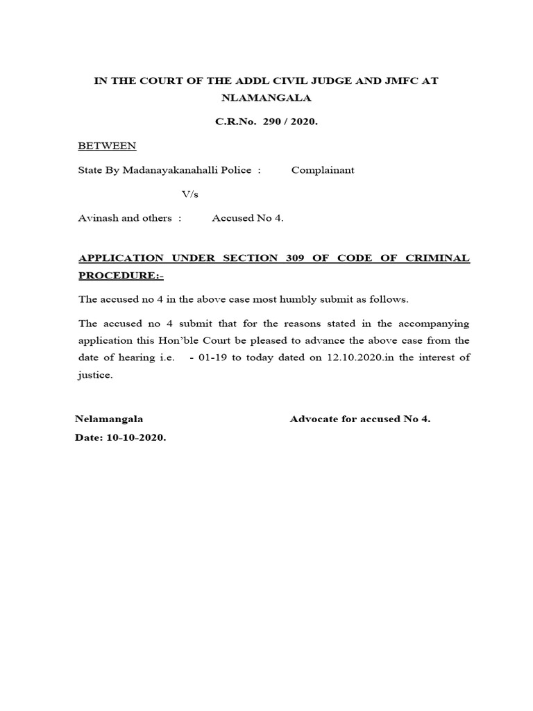 Application for Advancement Under CrPC 309 | PDF
