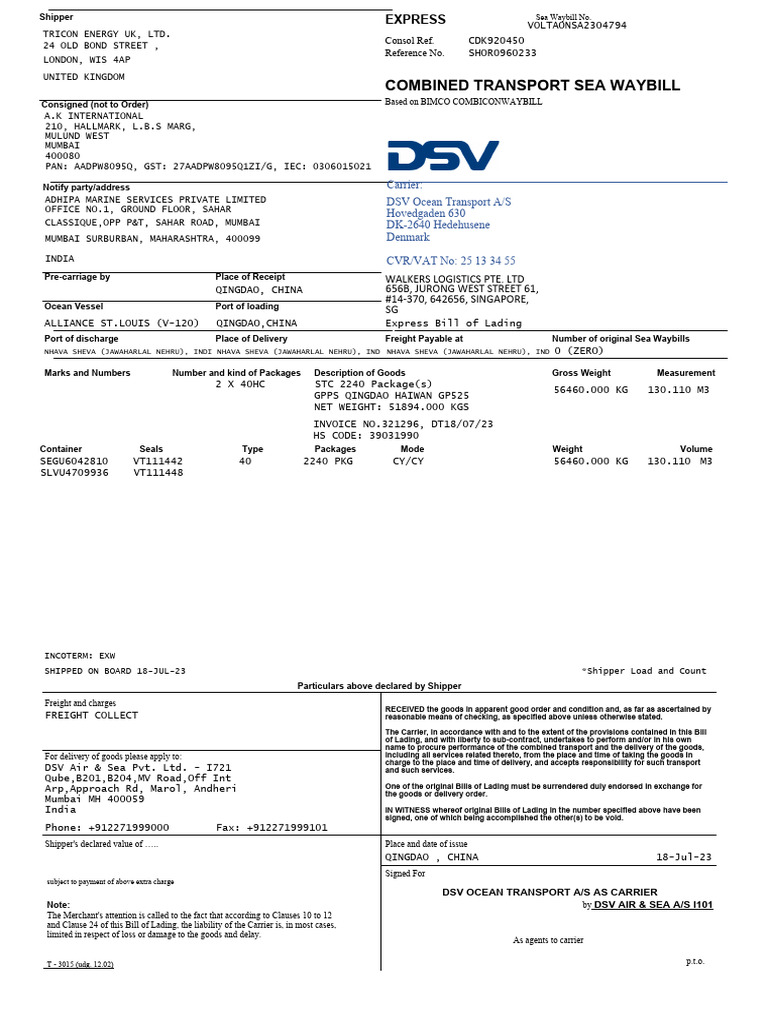 DSV Sea Waybill for Mumbai Shipment | PDF