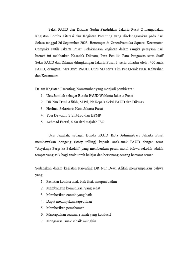 Lomba Literasi dan Parenting PAUD 2023 | PDF