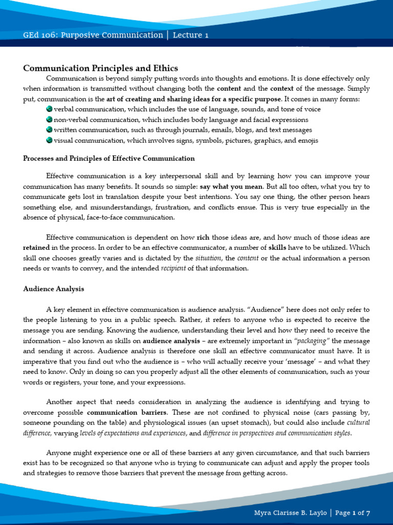 GEd 106 - Lecture 1 Communication Principles and Ethics | PDF