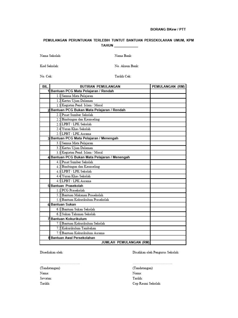 Borang Pemulangan Peruntukan Terlebih Tuntut | PDF