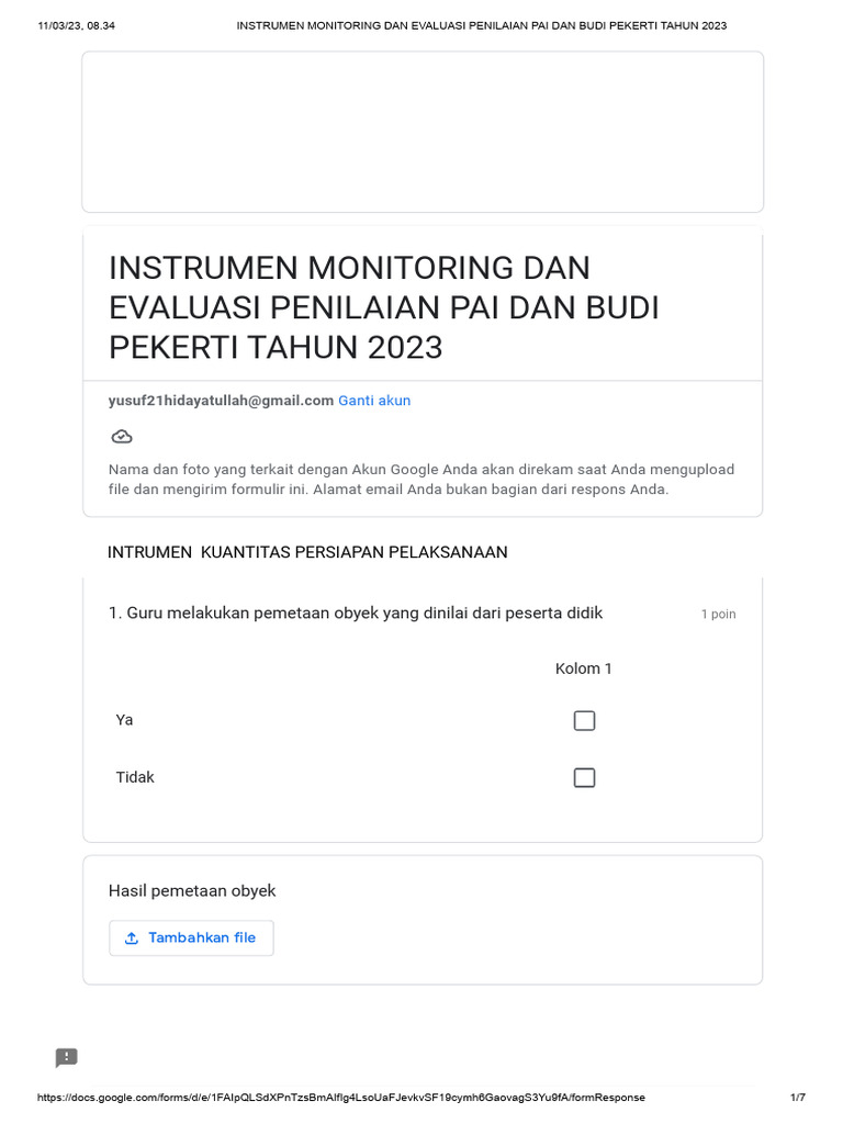 Instrumen Monitoring Dan Evaluasi Penilaian Pai Dan Budi Pekerti Tahun 2023 | PDF