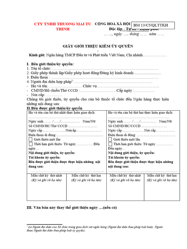 BM 13 Giay Gioi Thieu MOI | PDF