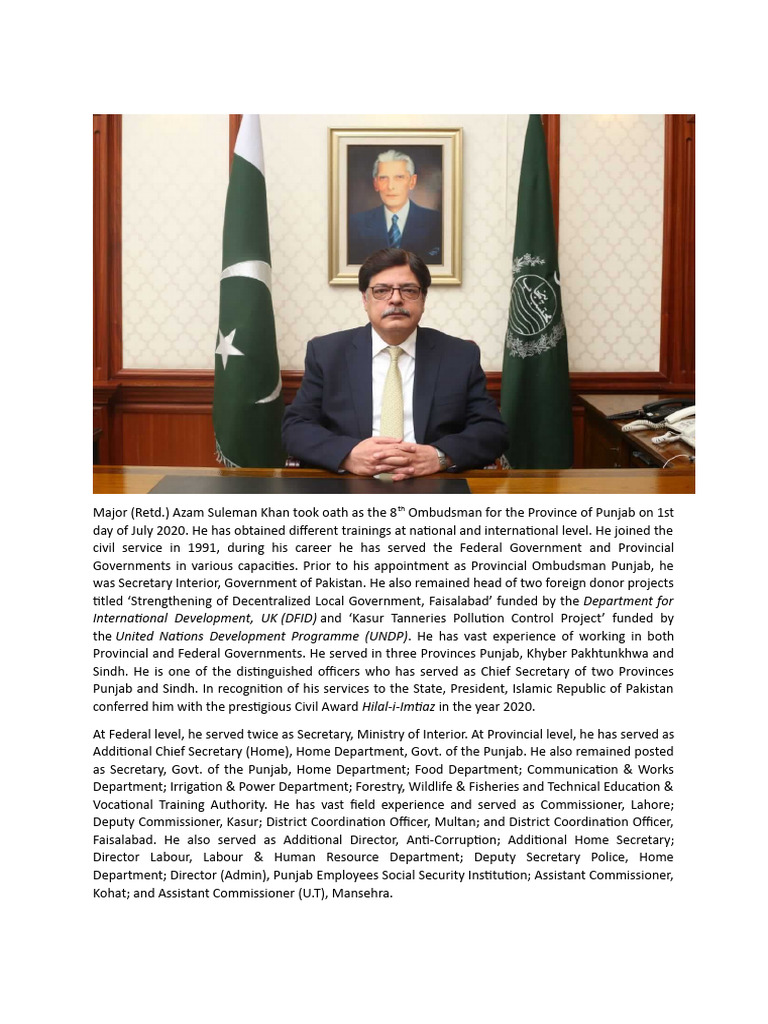 Punjab Ombudsman Azam Suleman Khan | PDF