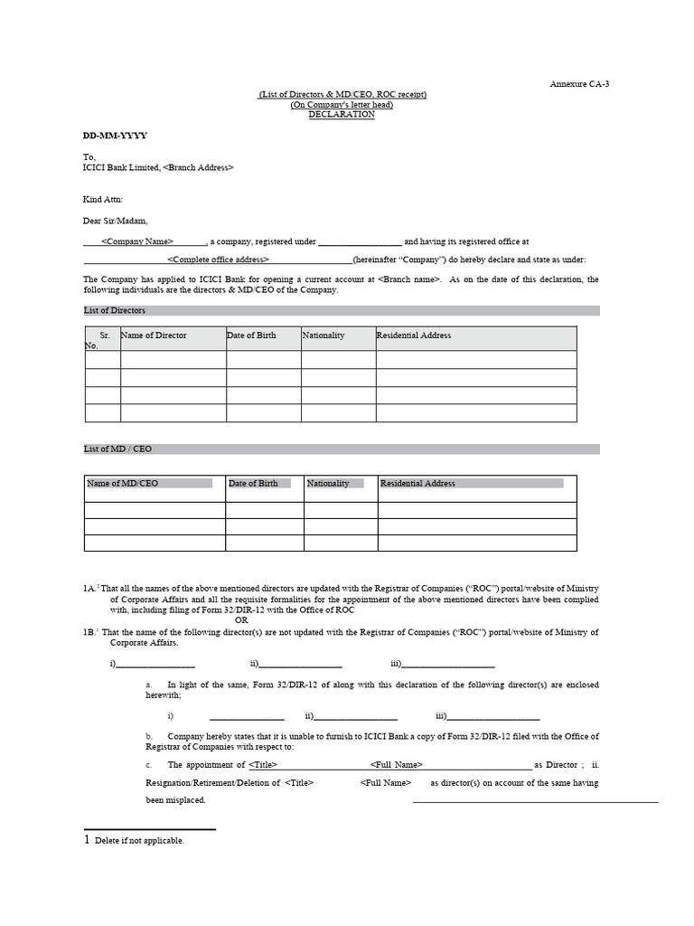 ICICI Bank Annexure CA-3 Declaration Form | PDF