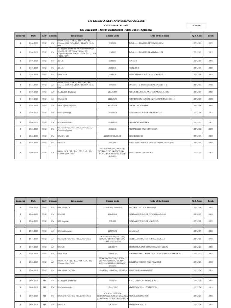 1 Ar 2022batchug Timetable | PDF