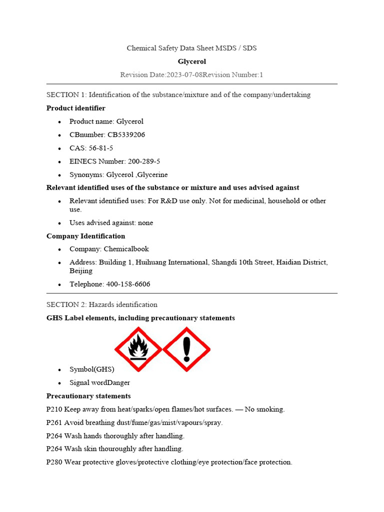 Chemical Safety Data Sheet MSDS Gliserol | PDF | Dangerous Goods | Toxicity