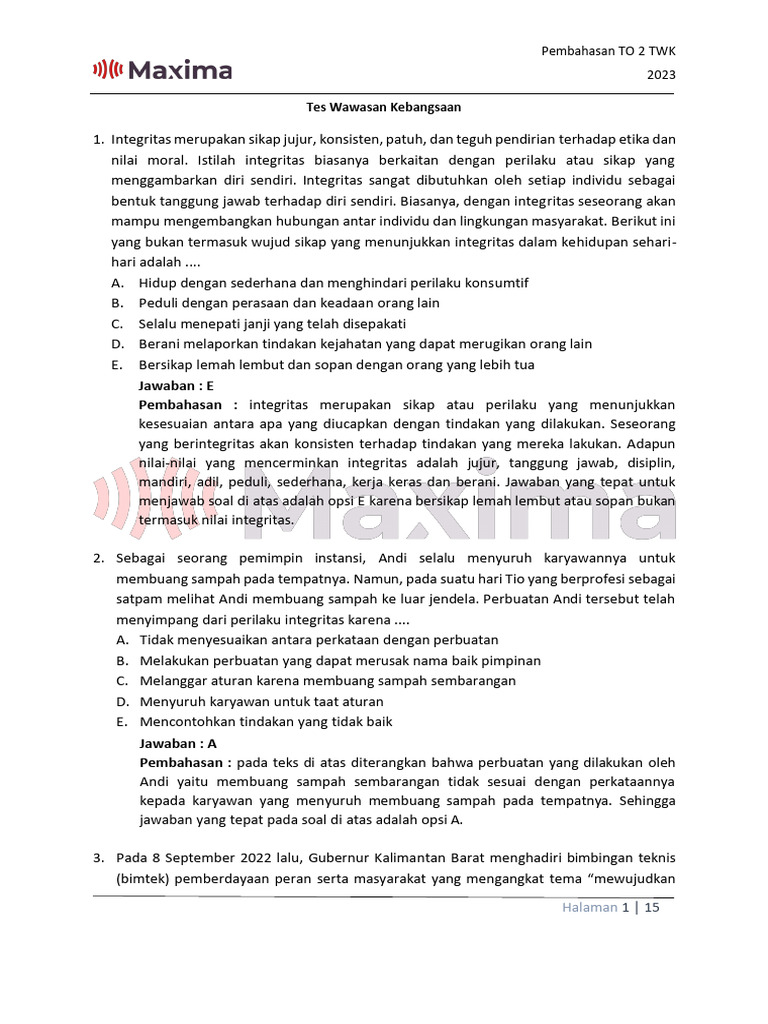 Jawaban: E Pembahasan: Integritas Merupakan Sikap Atau Perilaku Yang ...