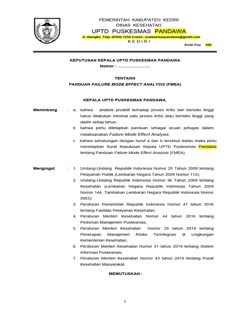 Contoh SK Panduan FMEA | PDF