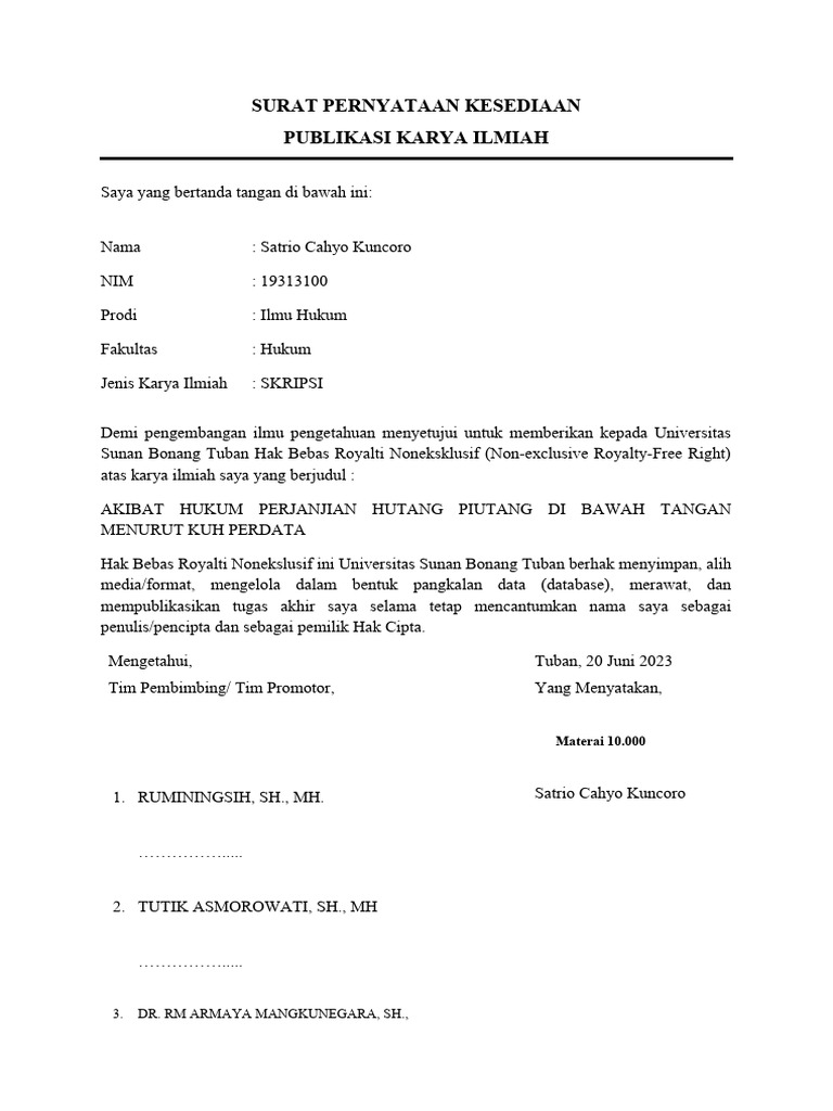 Surat Pernyataan Kesediaan Publikasi Karya Ilmiah Satrio | PDF