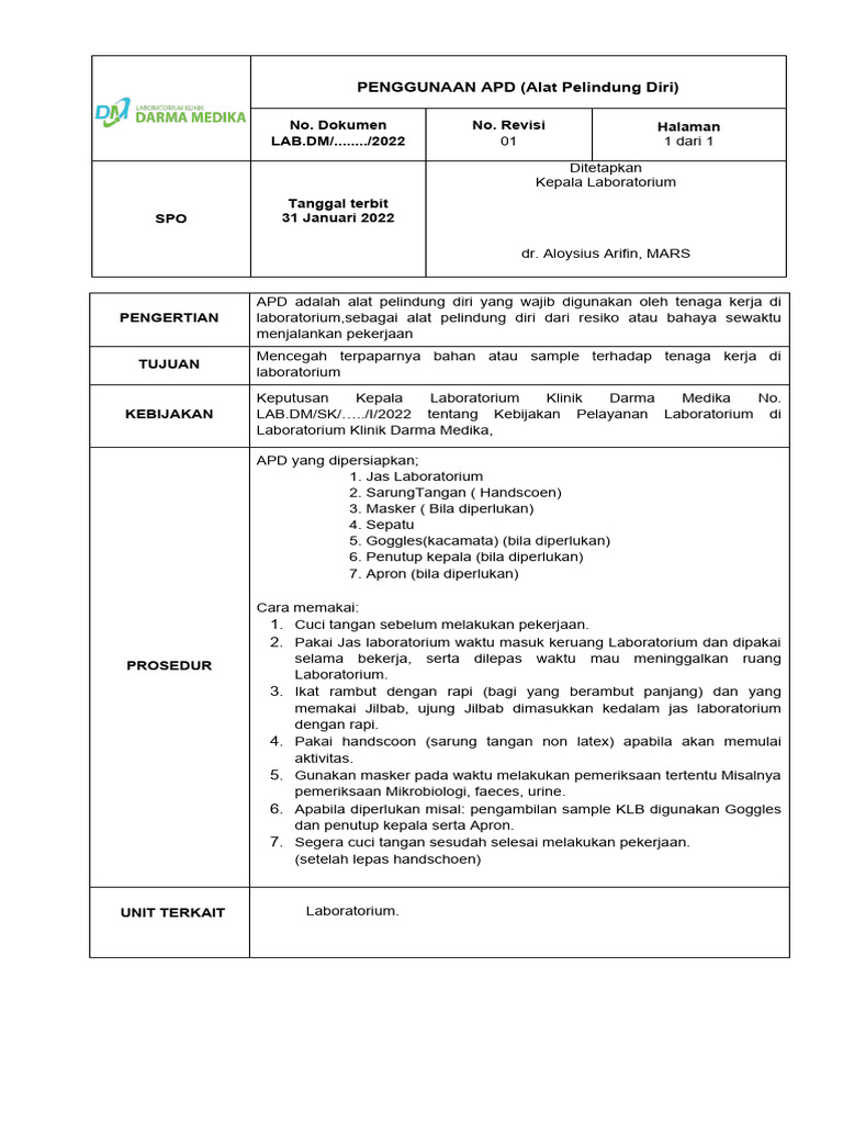 SPO Penggunaan APD | PDF