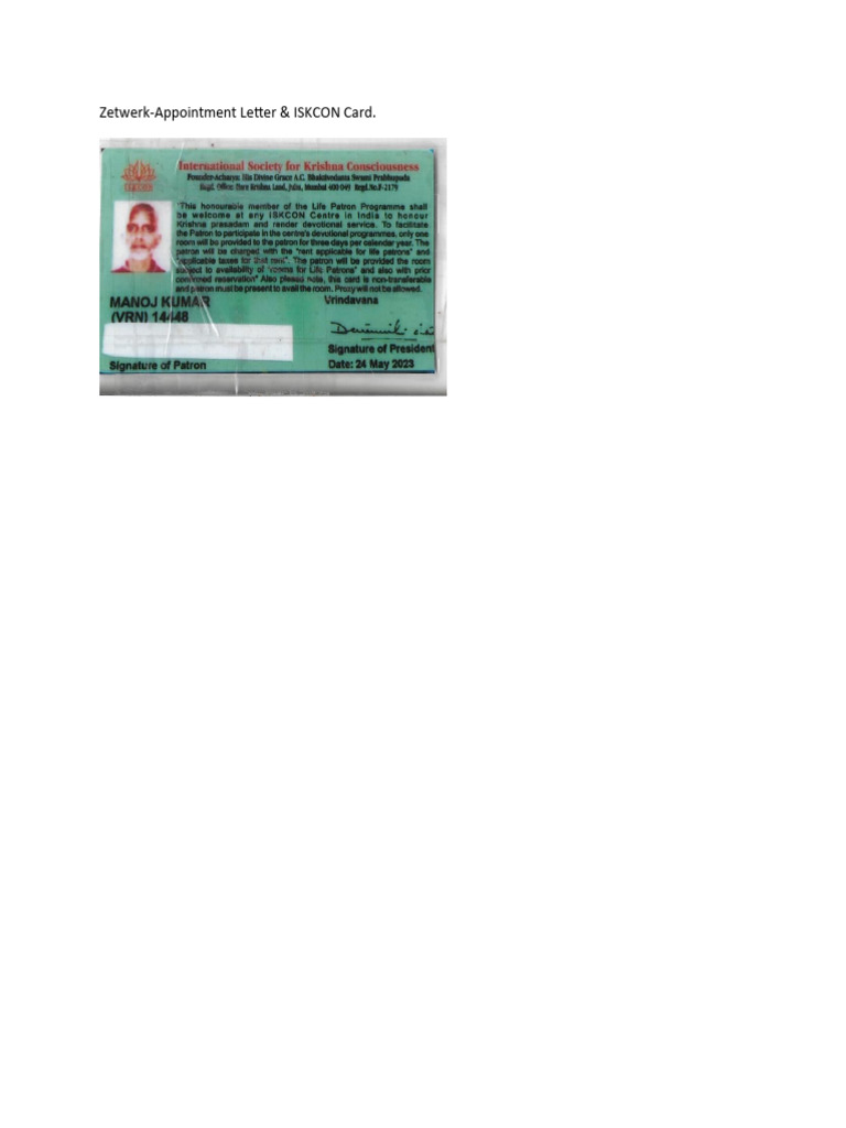Zetwerk Appointment & ISKCON Card | PDF