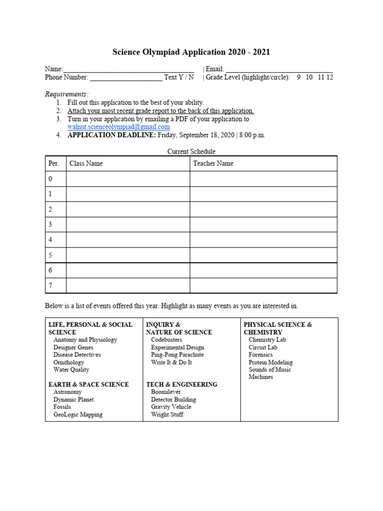 Science Olympiad Application 2020 - 2021: Requirements | PDF | Science