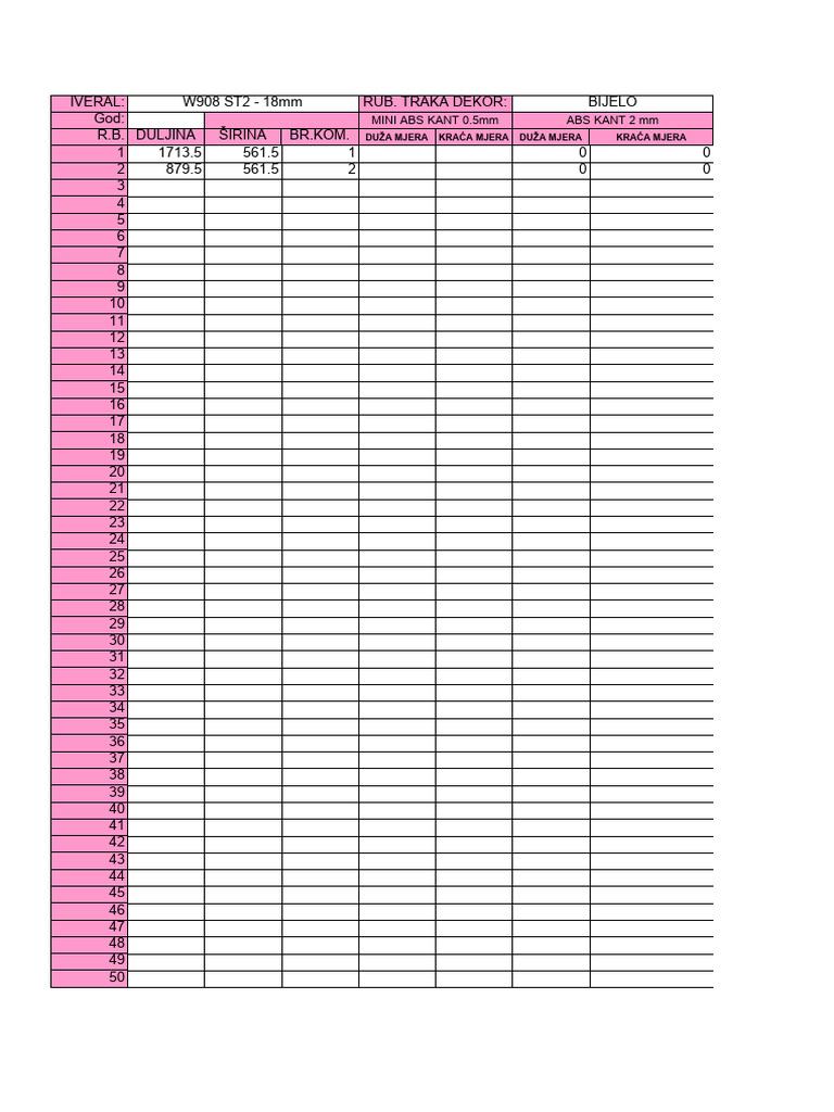 W908 ST2 - 18mm - Stražnje Ploče - Narudzba-Excel | PDF