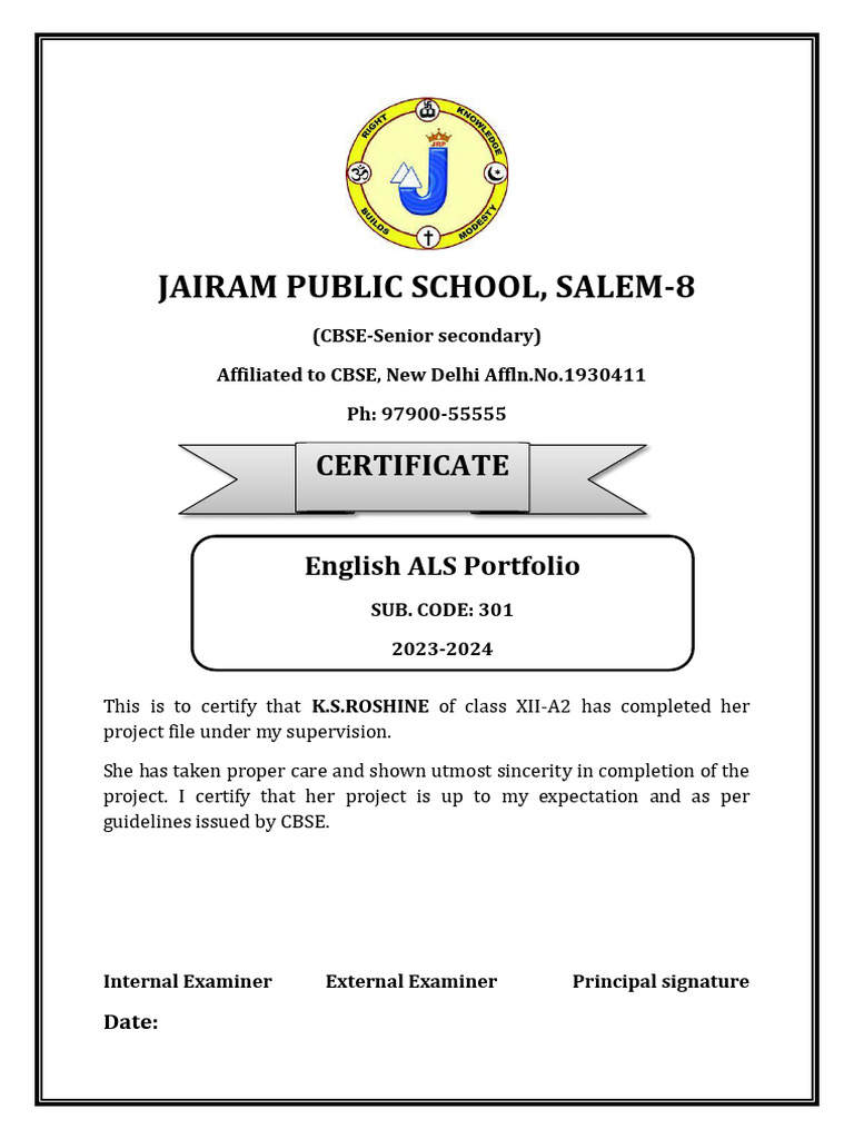 English Project Certificate for Class 12 | PDF