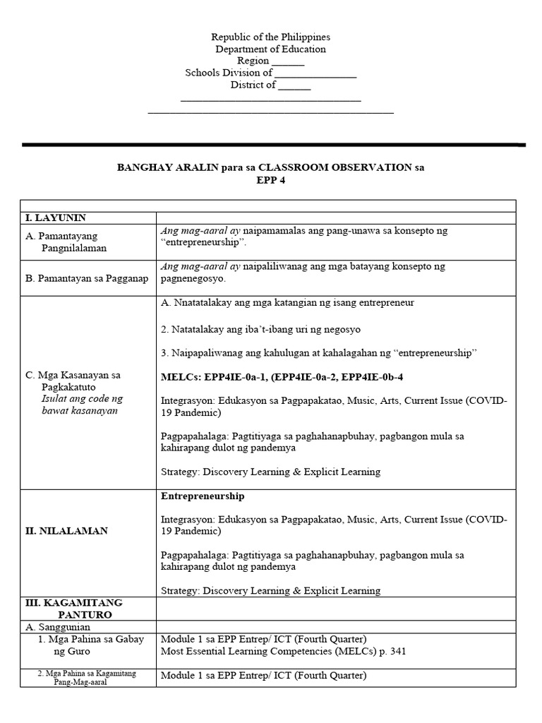 Co Lesson Plan Epp 4 Entrepreneurship | PDF