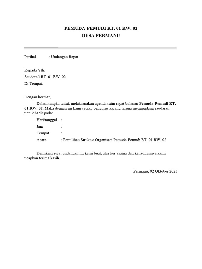Surat Undangan Pemuda Pemudi RT 01 RW 02 | PDF