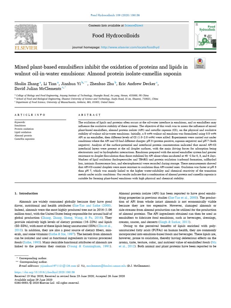 Mixed Plant-Based Emulsifiers Inhibit The Oxidation of Proteins and ...
