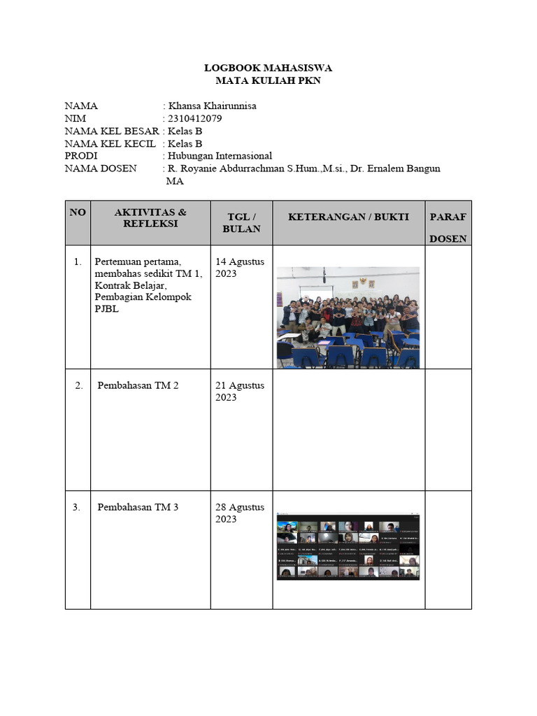Logbook Mahasiswa (Khansa Khairunnisa) | PDF