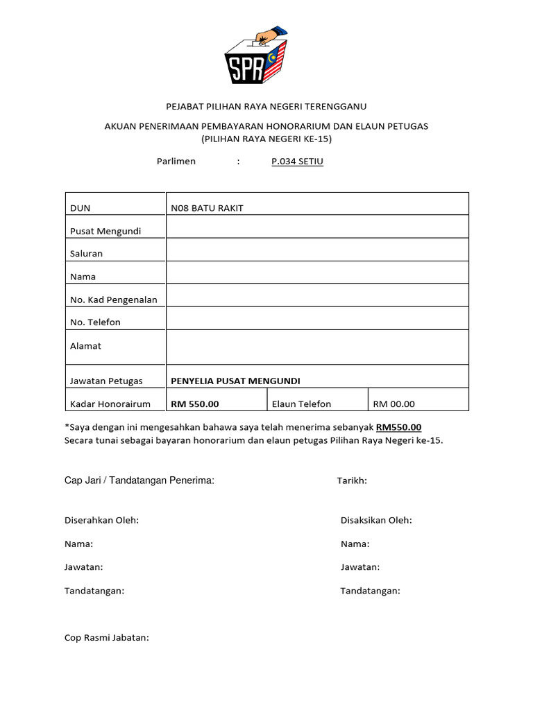 Borang Akuan Penerimaan Bayaran Elaun Petugas SPR Dun Batu Rakit | PDF