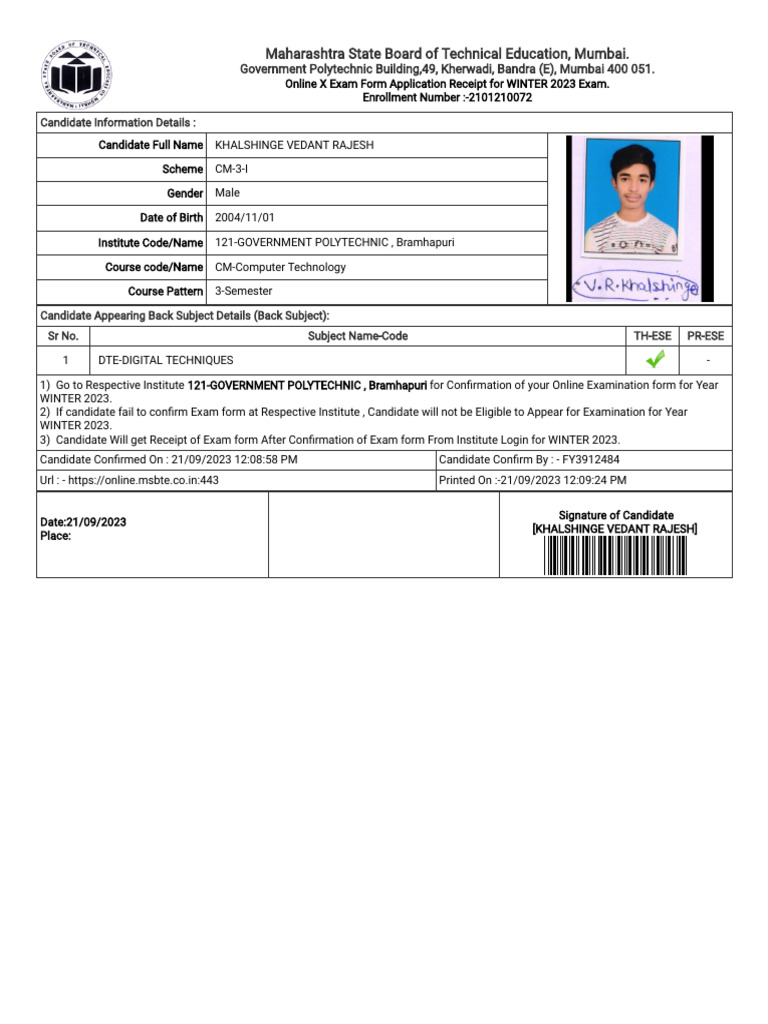 Vedant K 3rd Sem Exam Form. | PDF