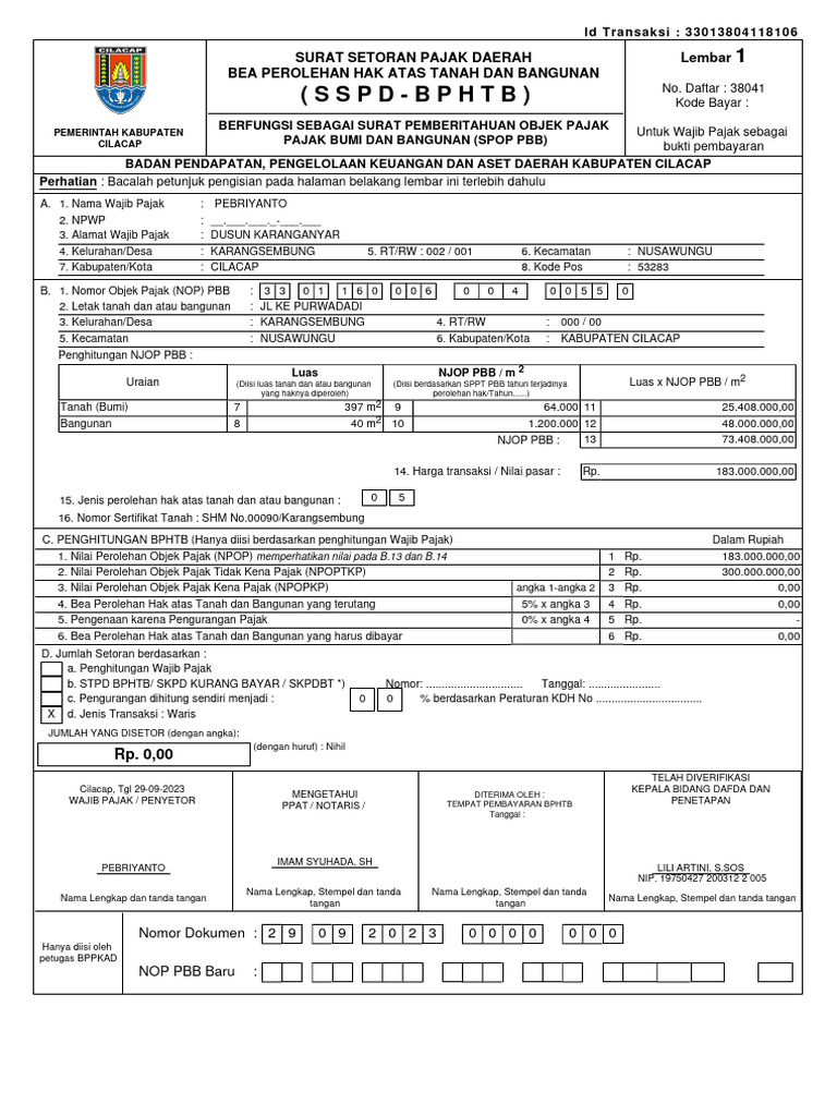 (SSPD-BPHTB) : Surat Setoran Pajak Daerah Bea Perolehan Hak Atas Tanah Dan Bangunan Lembar | PDF