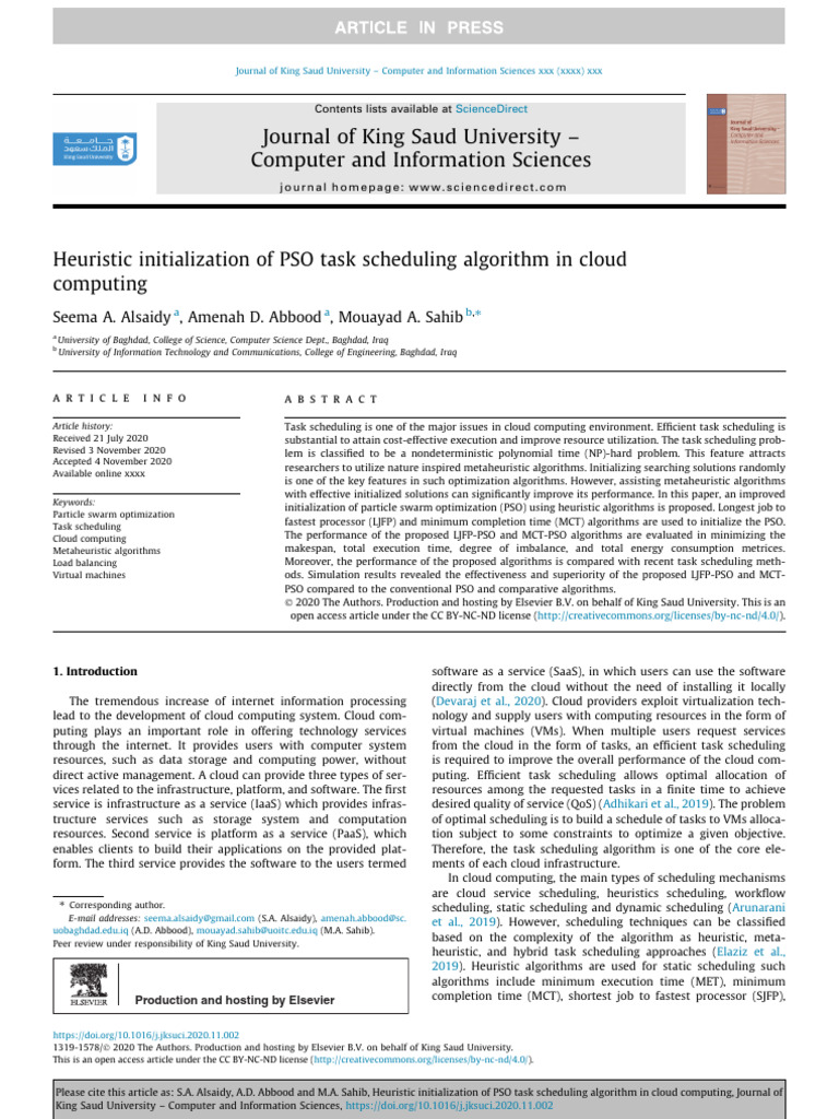 Heuristic Initialization of PSO Task Scheduling Al | PDF | Metaheuristic | Cloud Computing