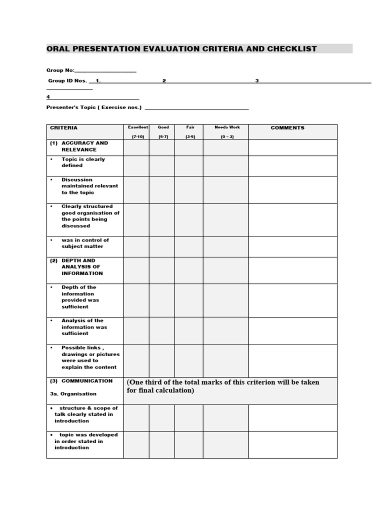 Oral Presentation Evaluation Criteria and Checklist | PDF