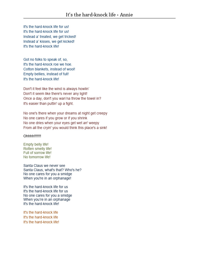 Annie's Hard Knock Life Lyrics | PDF