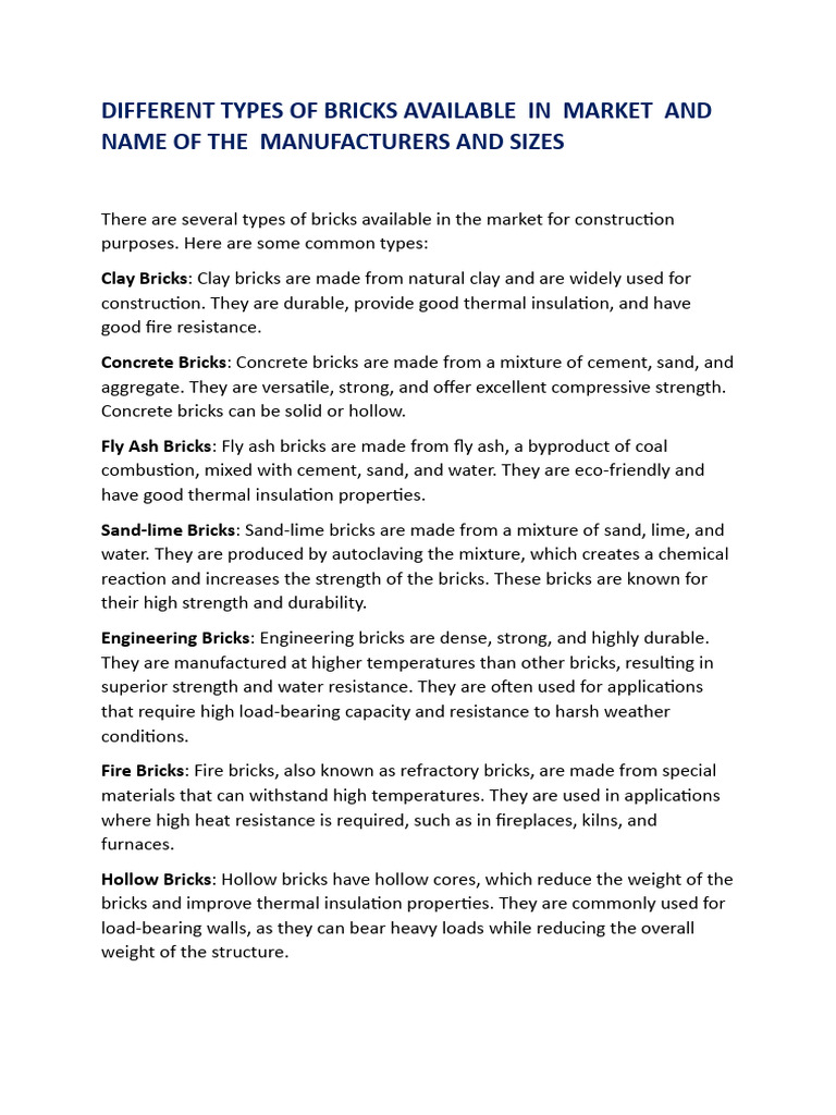 Diffent Types of Bricks Available in Market and Type | PDF