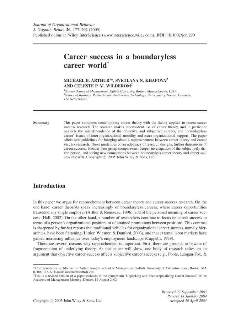 Arthur and Khapova, Career Success in A Boundaryless Career World | PDF