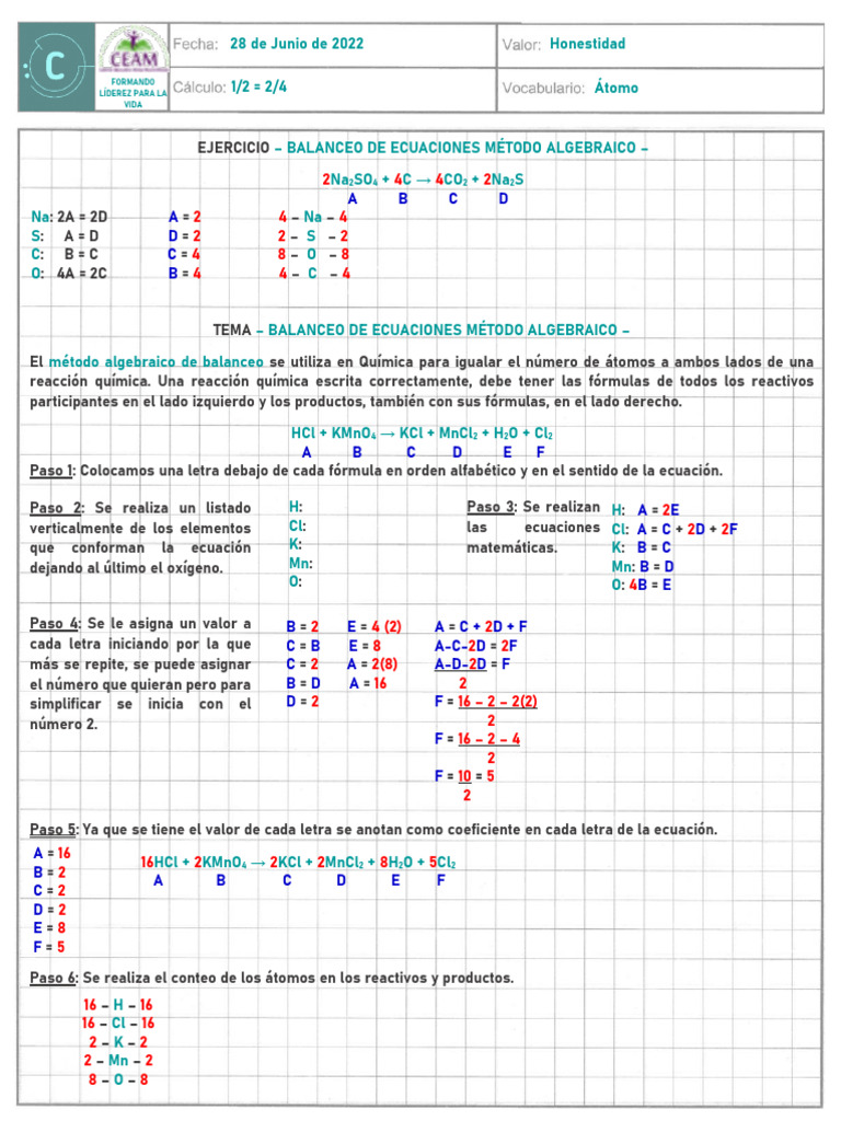 Quimica 1 - Balanceo de Ecuaciones Método Algebraico - Ejercicio ...
