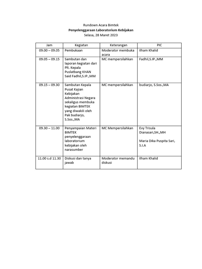 Rundown Acara Bimtek | PDF