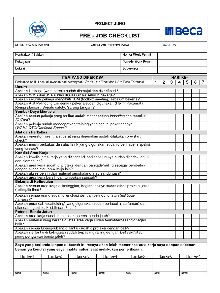 Pre-Job Checklist (3) | PDF