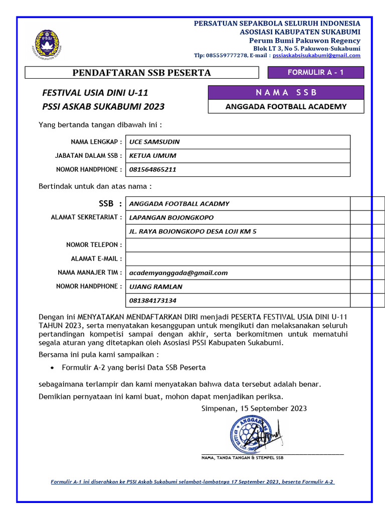 FORM Pendaftaran SSB U-11 | PDF